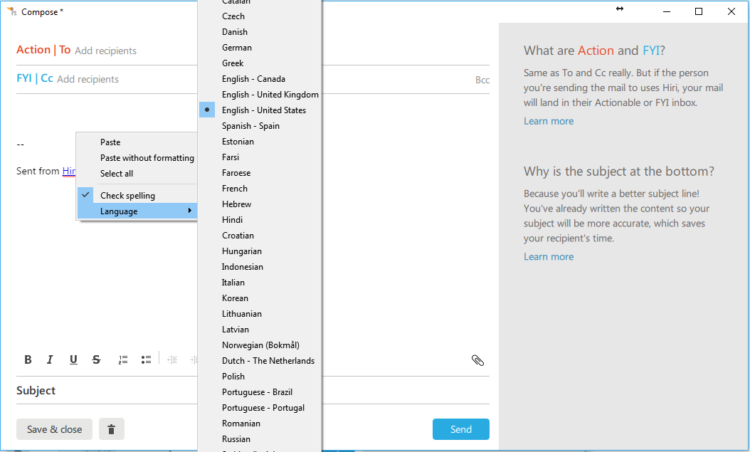 How Do I Change Spell Checker Language Hiri Email Client Support